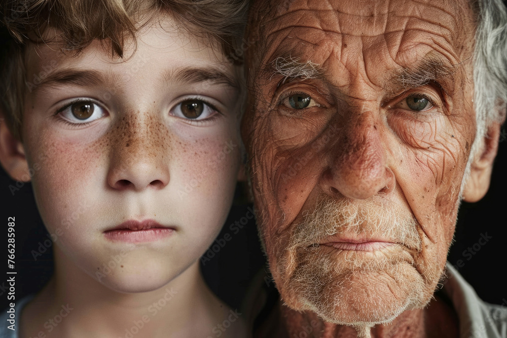A young boy and an old man. The boy has a young face, while the old man ...