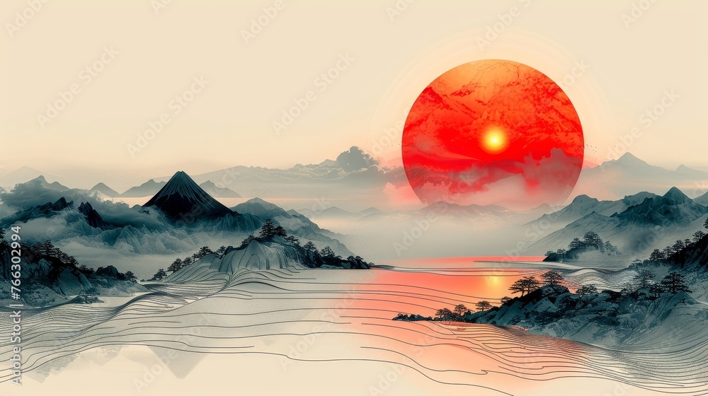 Modern Japanese background with line wave pattern. Abstract art ...