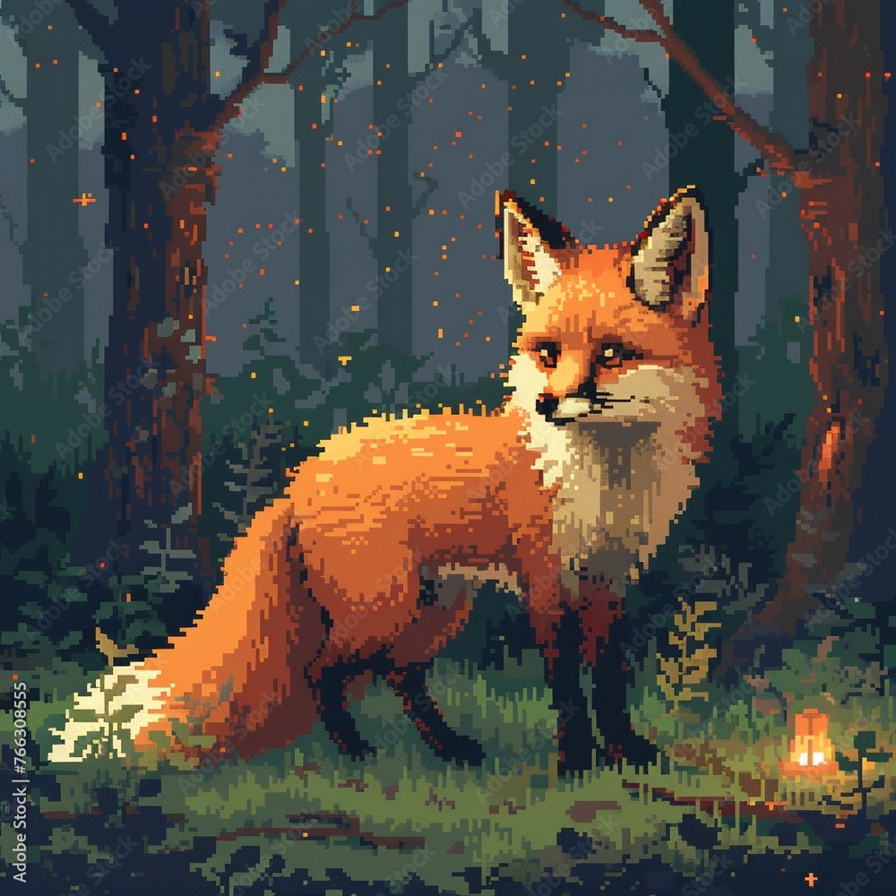 Fox pixel art tail wagging animation forest twilight illumination ...
