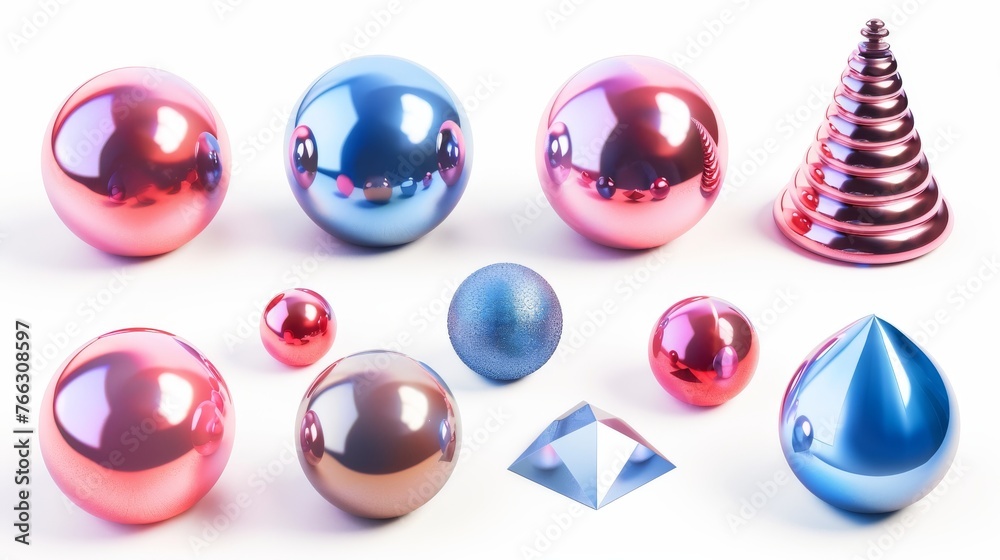 For trendy designs, set of 3d render realistic primitives on white backgrounds. Spheres, torus ...