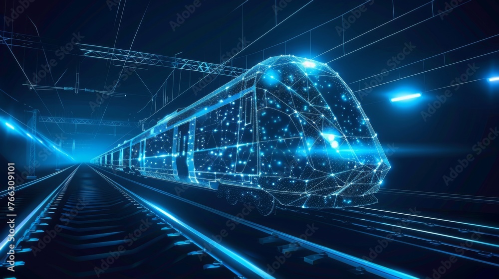 Abstract polygonal 3d wireframe of modern train at railway station or ...