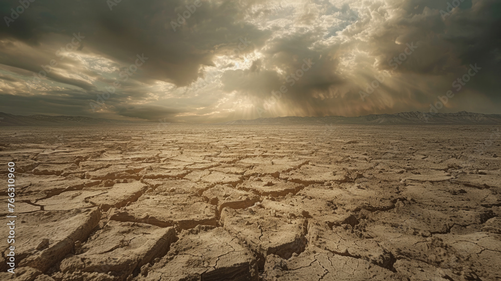 A vast desiccated landscape under a dramatic sky with sun rays piercing ...