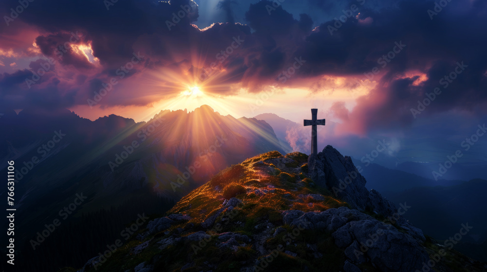 holy saturday cross on top of mountain with evening sky background ...