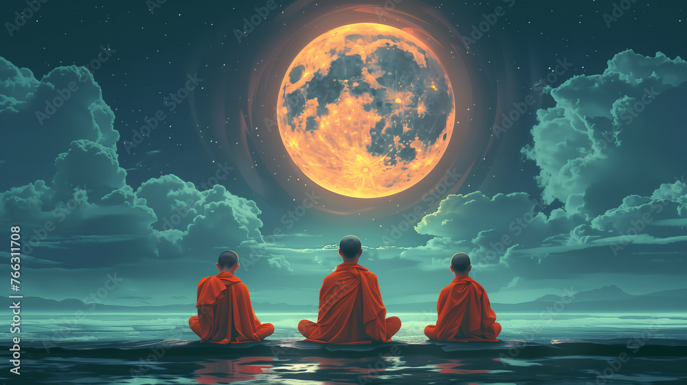 Buddhist monks in vibrant orange robes meditating under the full moon ...