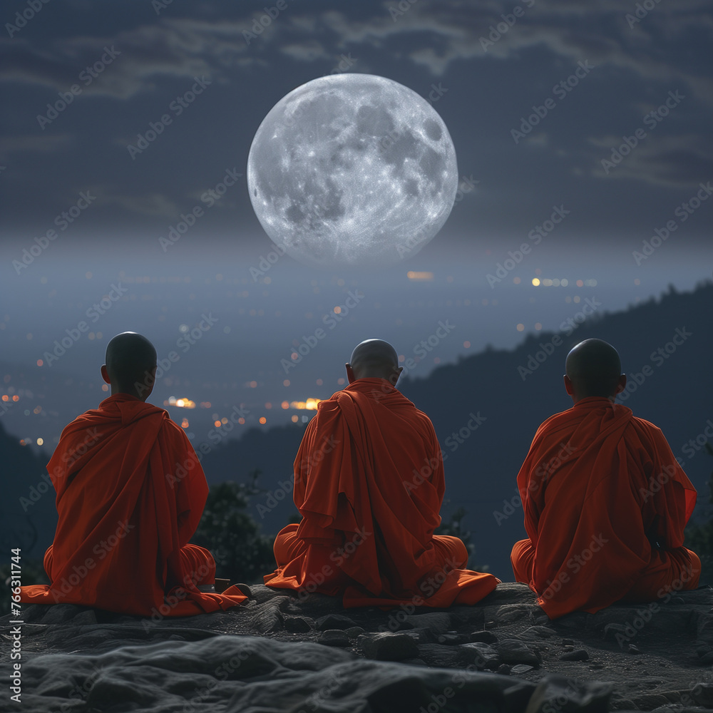Buddhist monks in vibrant orange robes meditating under the full moon ...