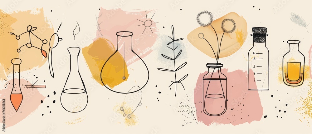 Lab equipment set with black and white outline doodles. Set of hand ...