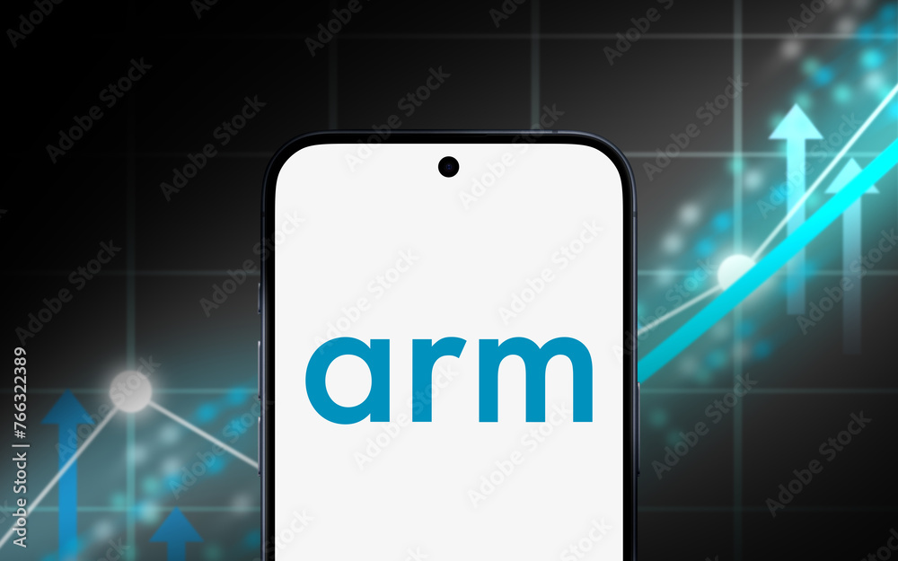 arm Holdings Logo shown on a modern smartphone, rising blue graph with ...