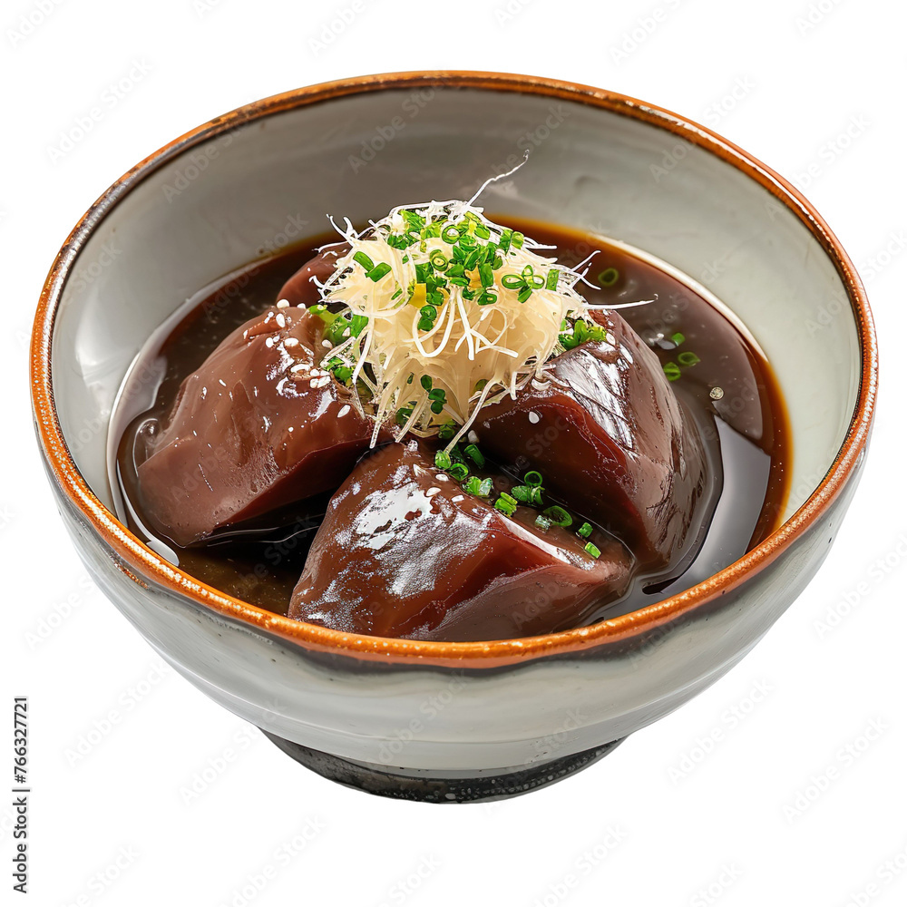 front view of Ankimo (monkfish liver) with ponzu sauce and grated ...