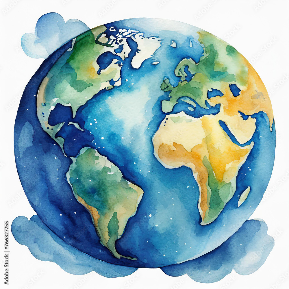 Watercolor drawing of blue Earth planet isolated on white background ...
