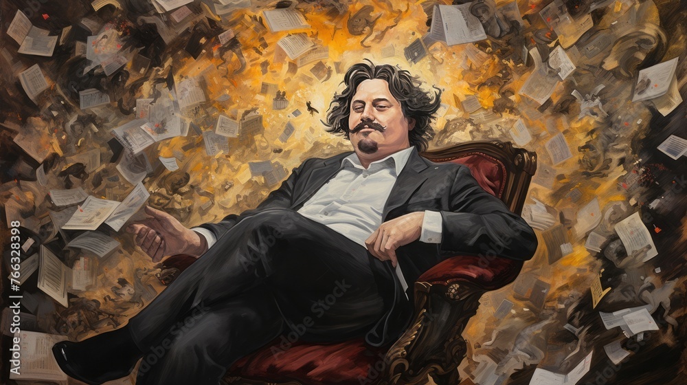A man in a suit is laying on a red chair with papers flying around him ...