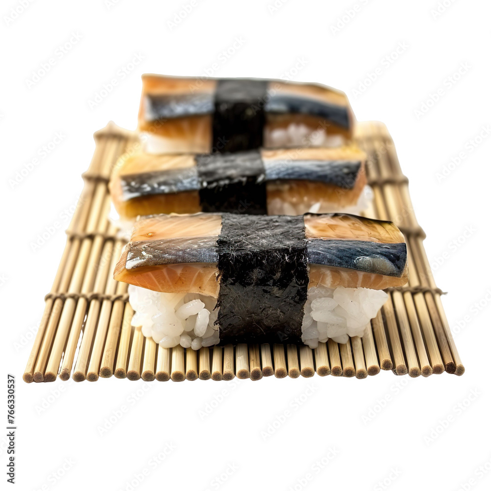 front view of Oshizushi (pressed sushi) with layers of sushi rice and ...