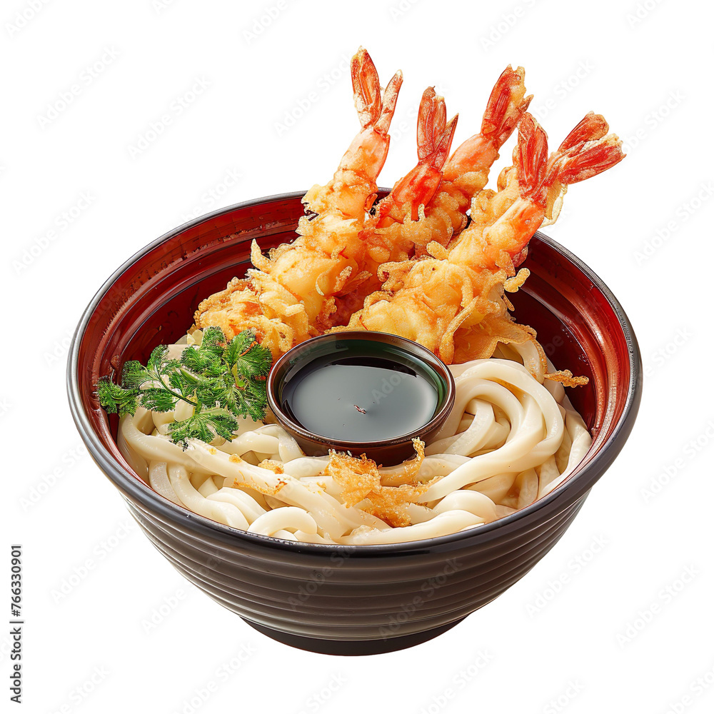 front view of Shrimp Tempura Udon with a side of dipping sauce, in a ...