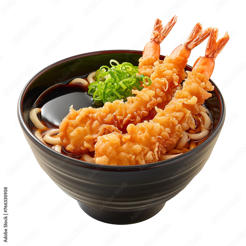 front view of Shrimp Tempura Udon with a side of dipping sauce, in a ...