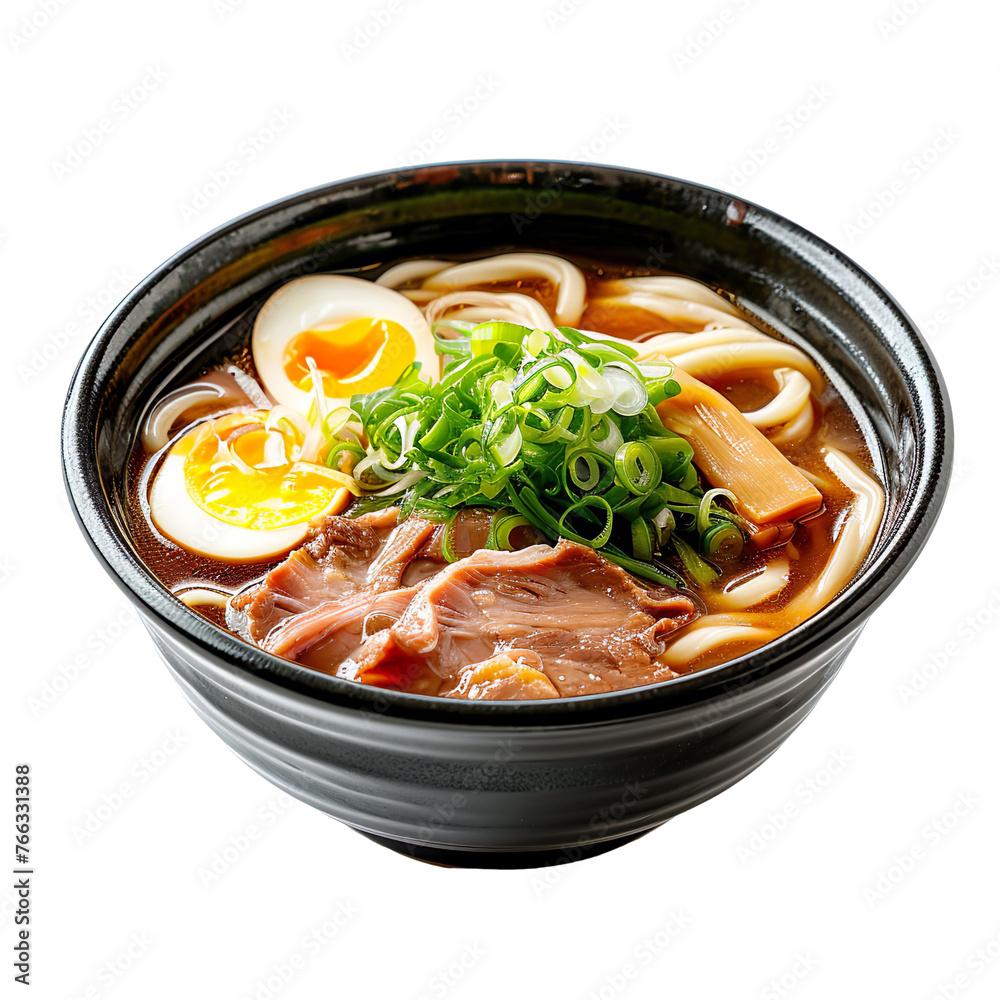 front view of Tonkotsu Udon with rich pork broth, udon noodles, and Chashu pork, in a classic ...