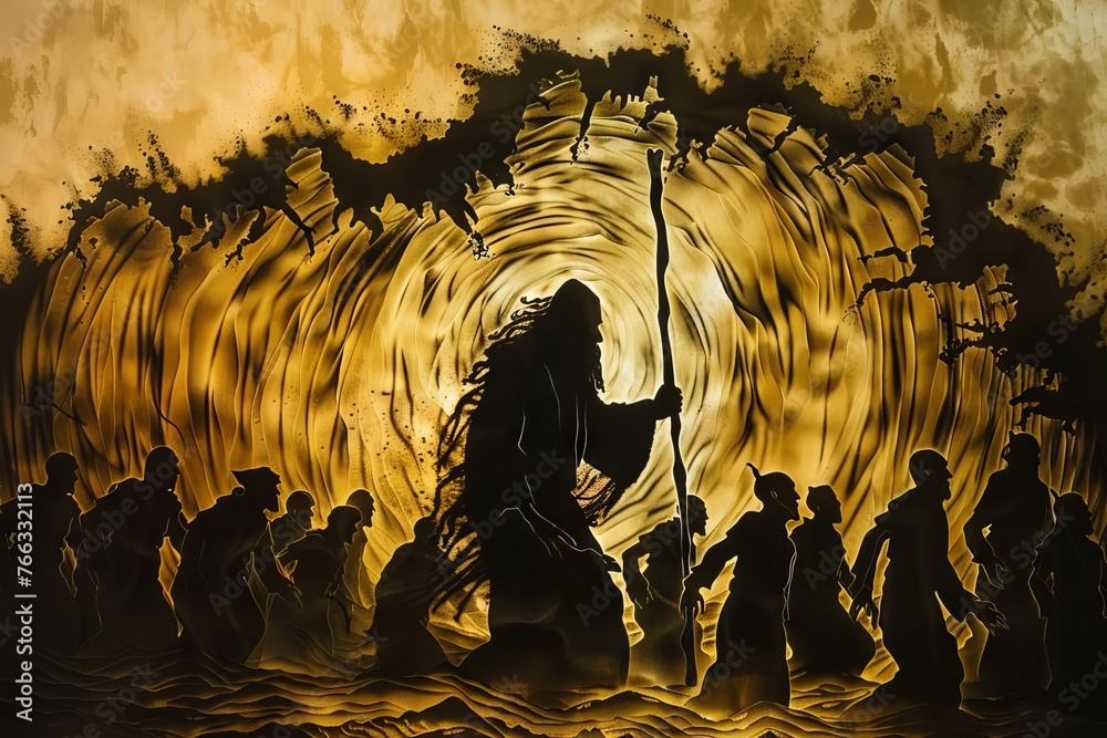 silhouette of moses parting the red sea with staff, waves rising on ...