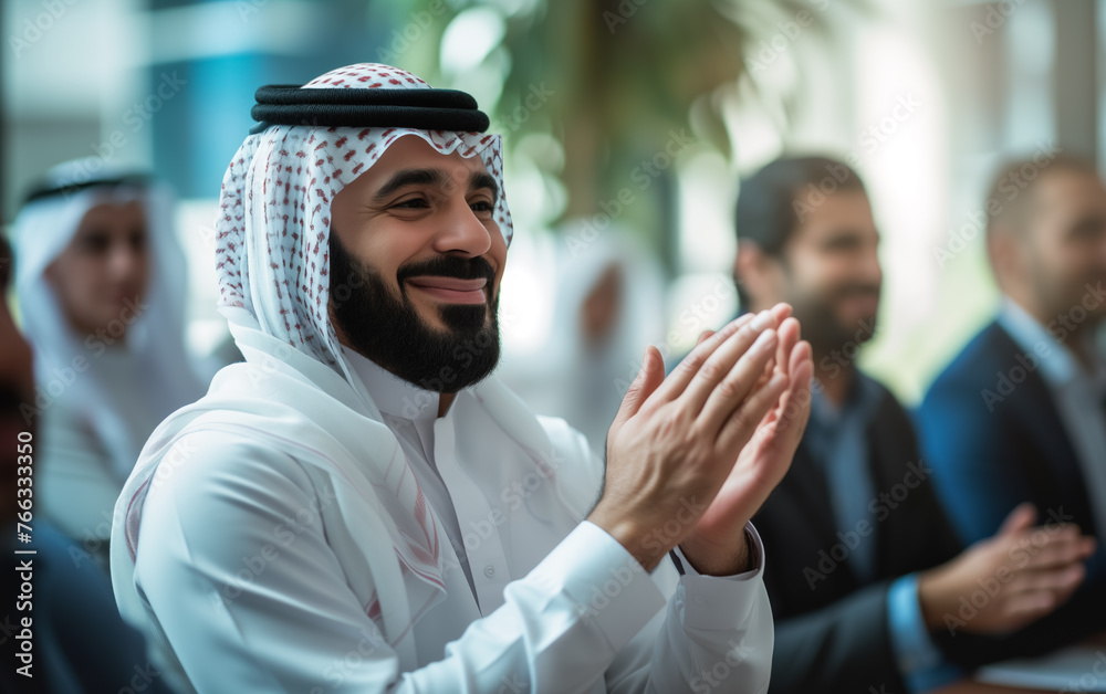 Arab man in traditional clothes, applauding, clapping hands at ...