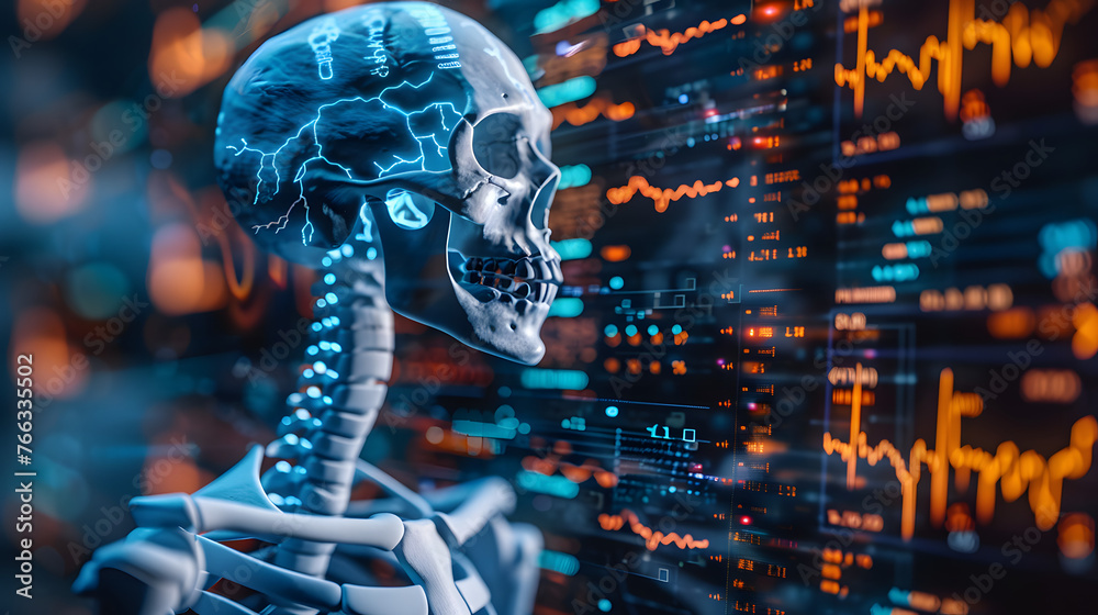 Skeleton Old Human Investor Looking At Technical Blockchain Stock Chart ...