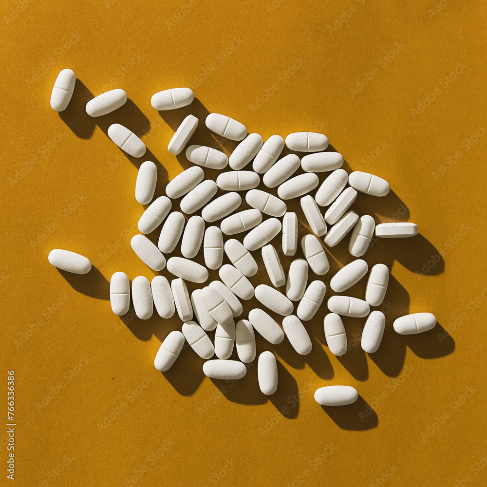 Medical Pills on vibrant yellow background. 80s and 90s retro style ...