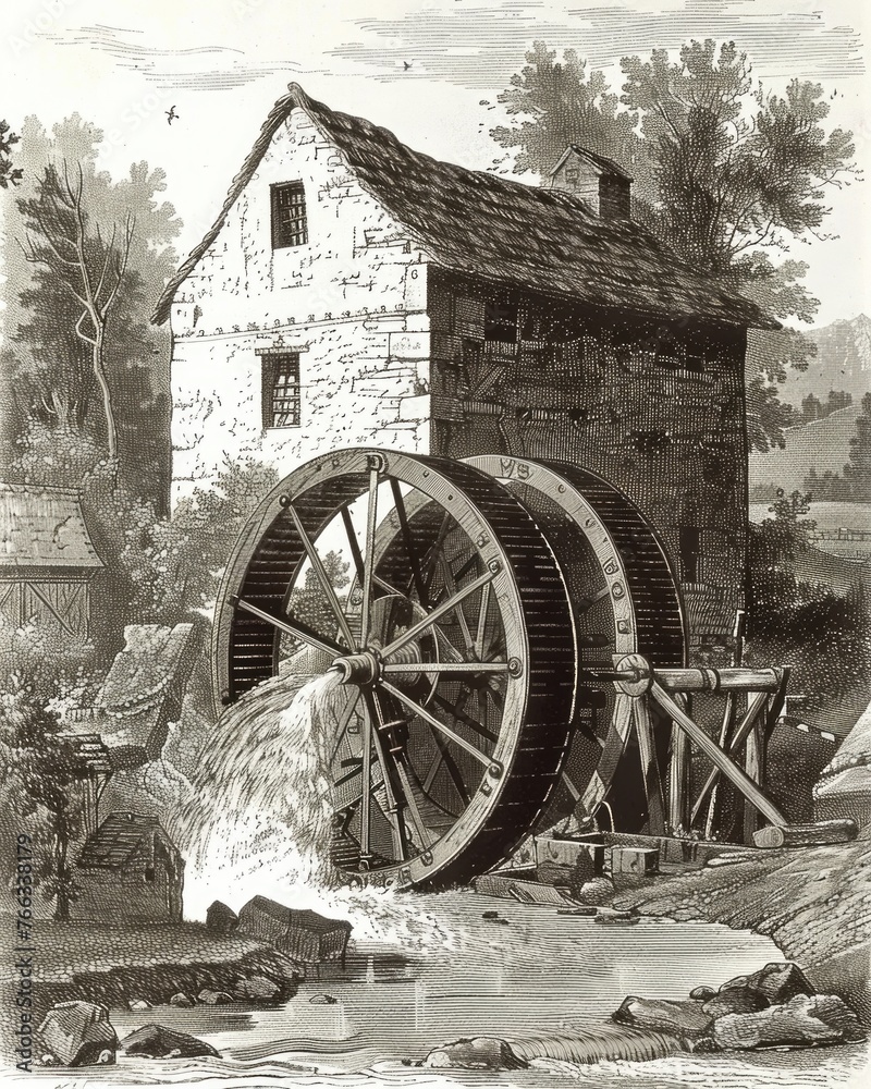 Antique Engraving of a Water Wheel. 19th Century Drawing of a Water ...