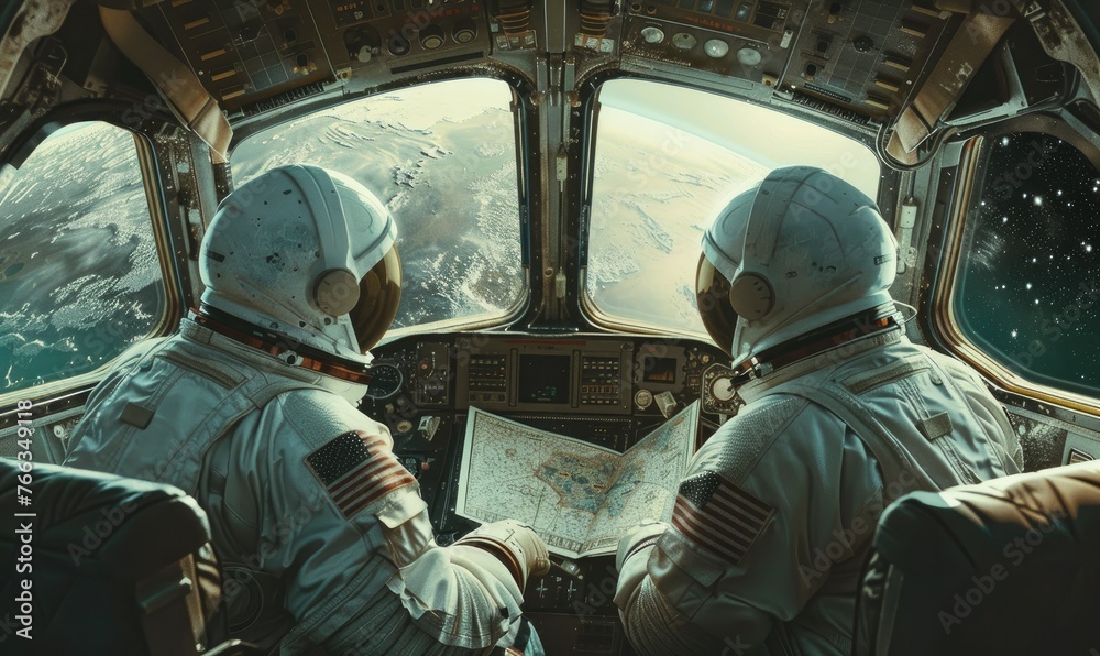 Astronauts examining map in spaceship cockpit - Two astronauts consult ...