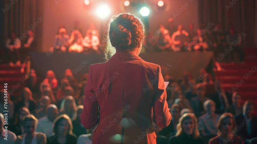 Back view of a woman addressing an audience - An elegantly dressed ...