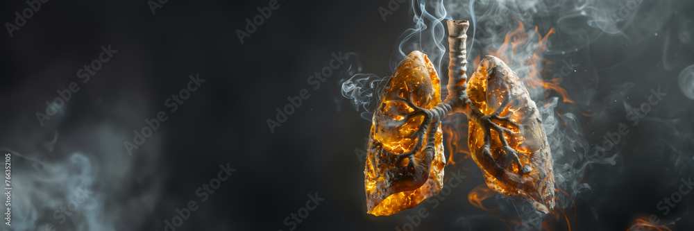 Digital illustration of damaged human lungs glowing with fire and smoke ...