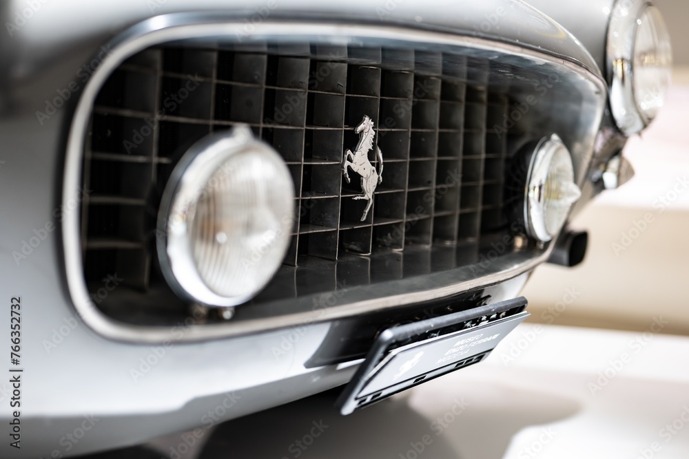Detail of Ferrari logo at 250 GT Berlinetta SWB vintage retro vehicle ...