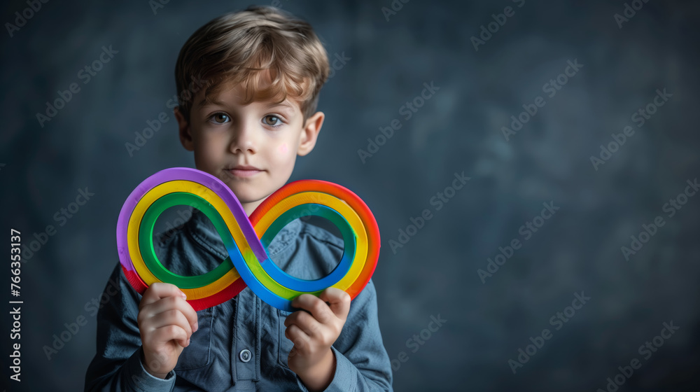Caucasian boy holding colorful infinity symbol, concept of Autism ...