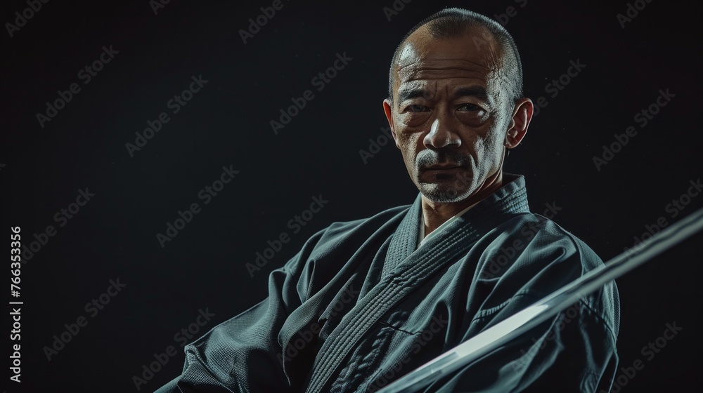Portrait of sensei master with black sensei belt in taekwondo kimono ...