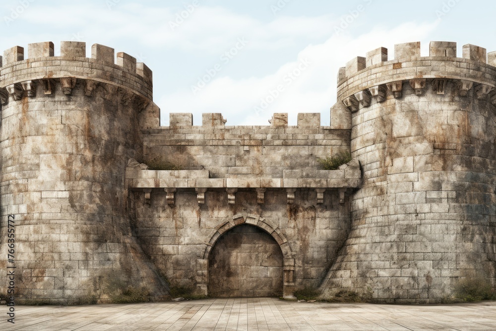 Ancient fortress wall with two towers - Imposing medieval stone castle ...