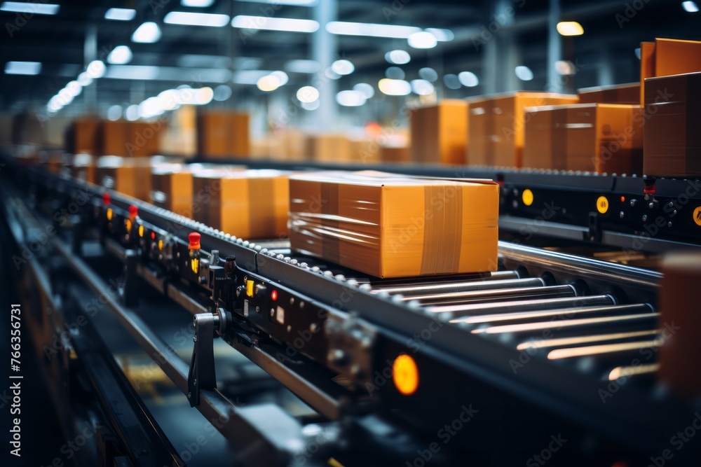 Multiple rows of boxes are steadily moving along a conveyor belt within ...