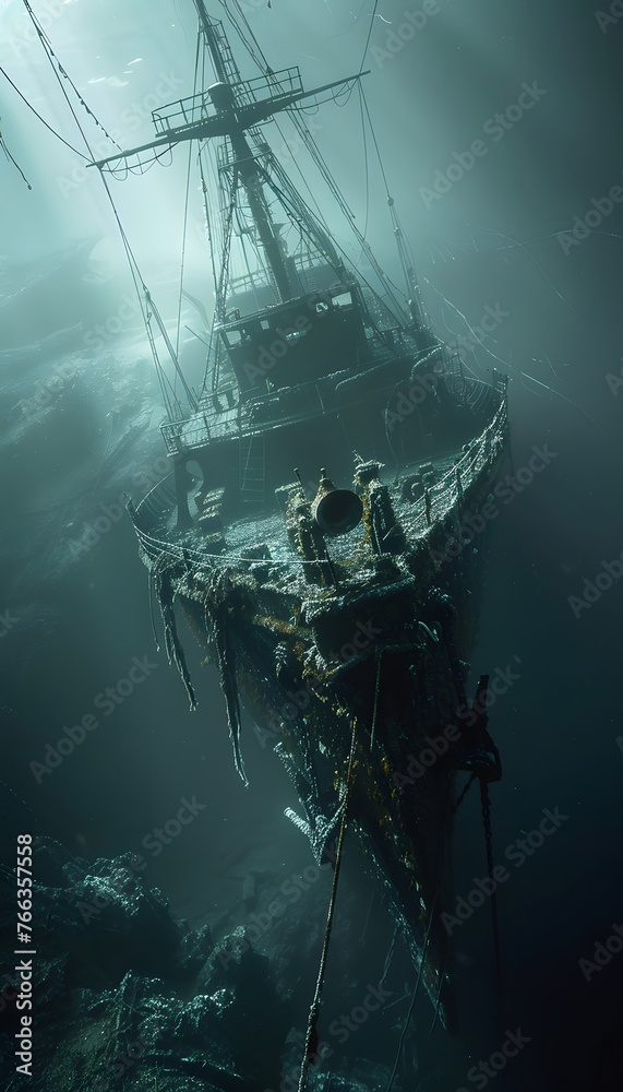 Surrounded by the mysterious ruins of a shipwreck, an underwater ghost ...