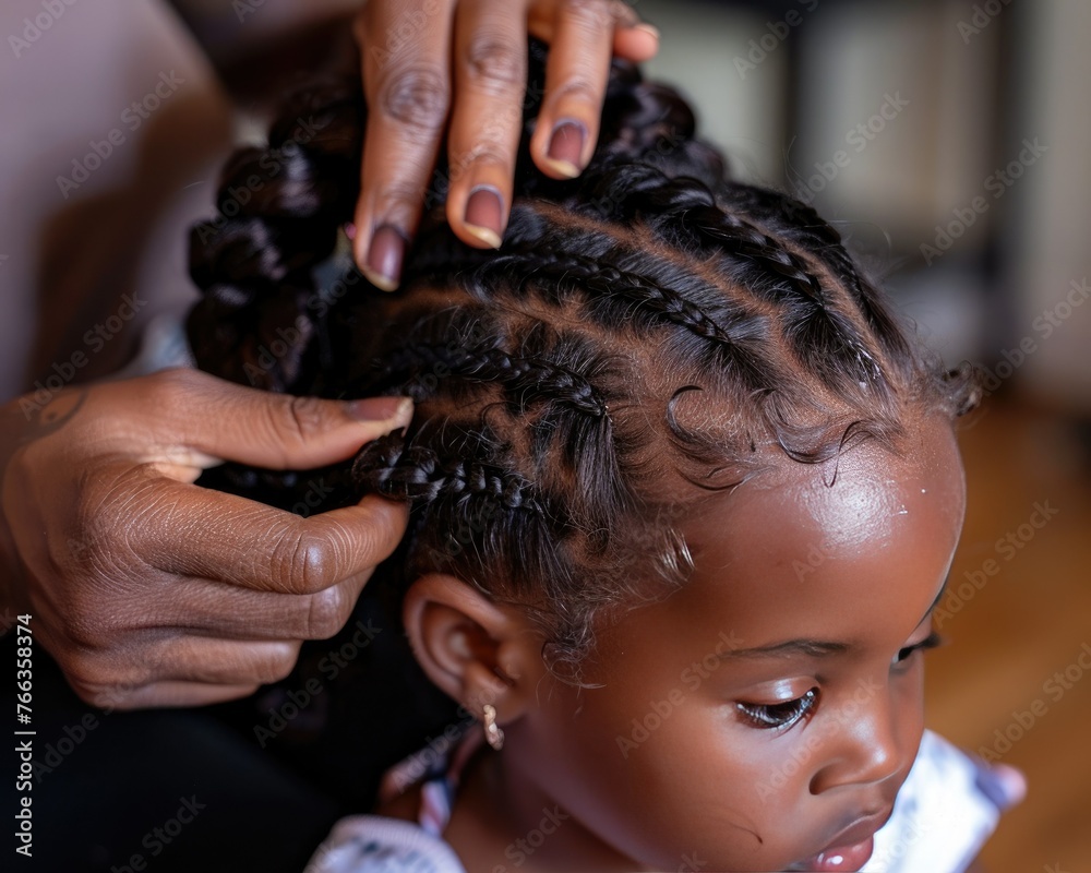 Candid moment of a parent braiding their child's hair, capturing the ...