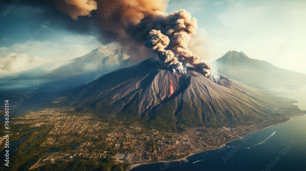 Erupting volcano towering above cityscape - Stunning aerial perspective ...