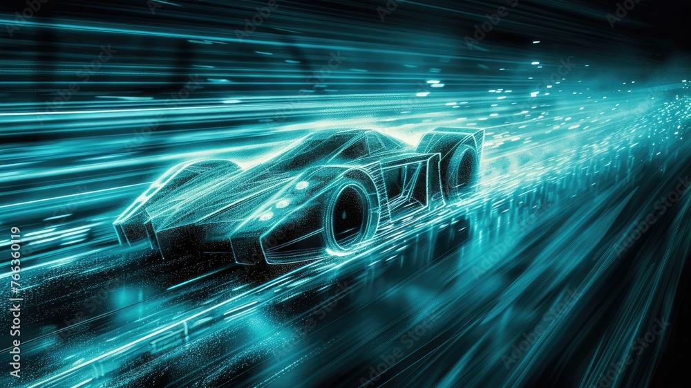Futuristic blue race car speeding with light trails - Dynamic image ...