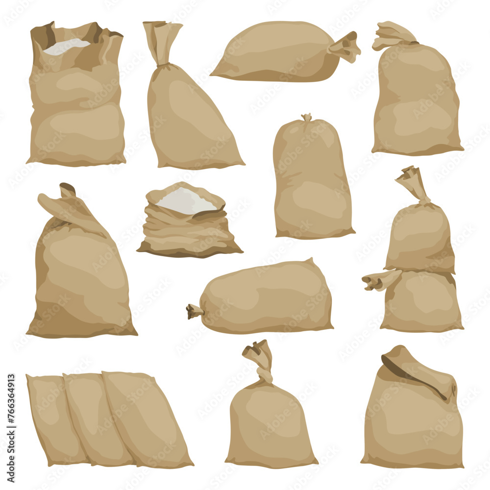 Burlap farmer bag set with flour, rice or salt. Agricultural product ...