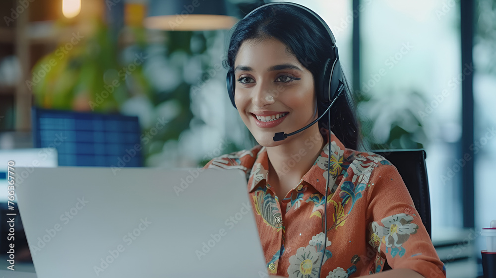 Happy Indian customer service representative wearing headset talking to ...