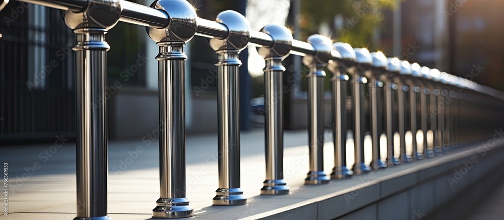 Numerous metal poles are mounted beside a tall building, creating a ...