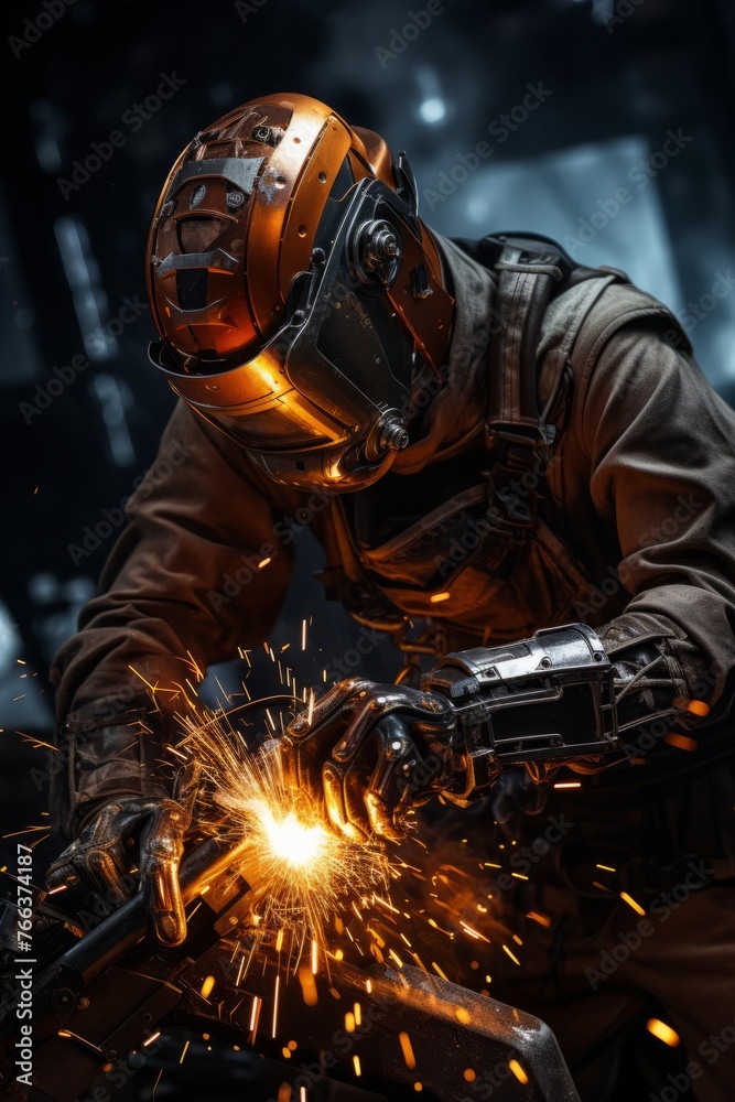 A welder is in a factory, actively welding a piece of metal. Sparks are ...