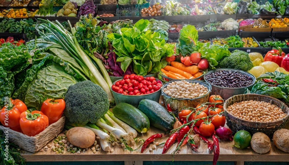 Healthy food in a grocery store. A variety of colorful vegetables ...