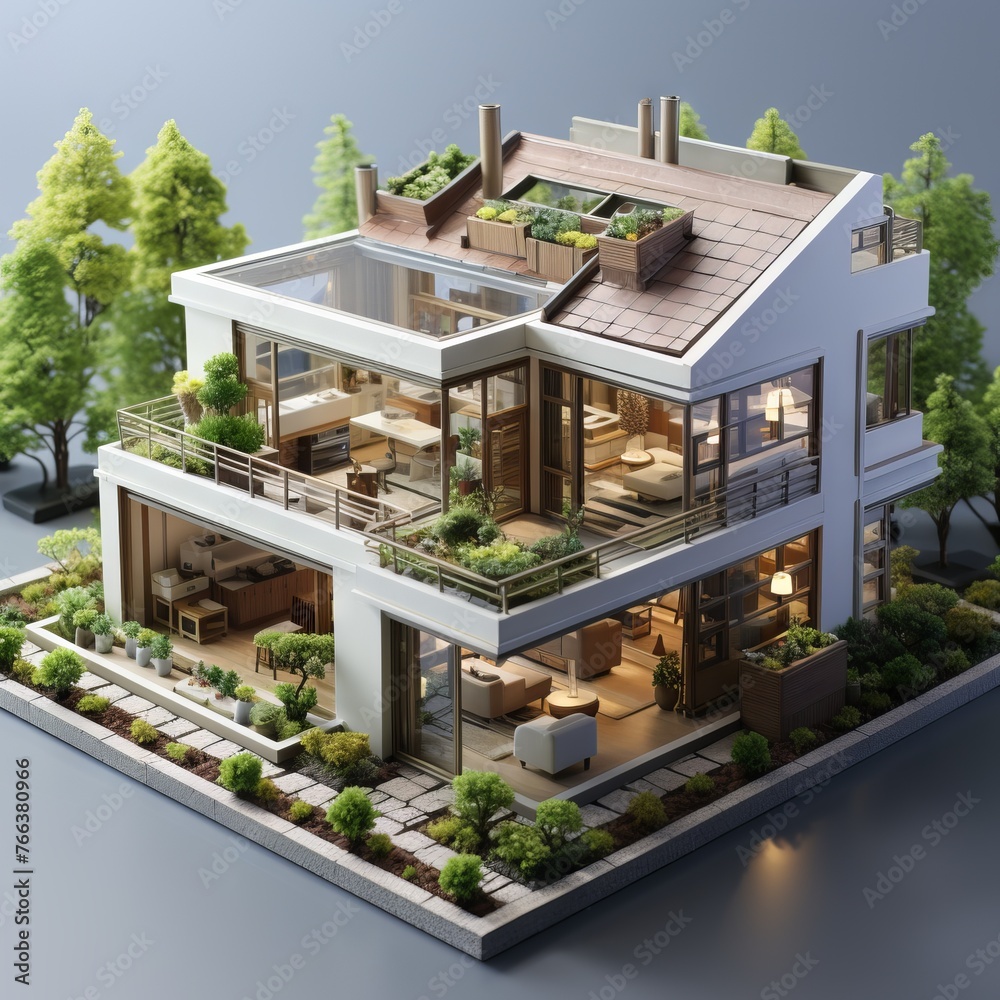 Miniature of a two-story house with solar panels on the roof. Concept ...