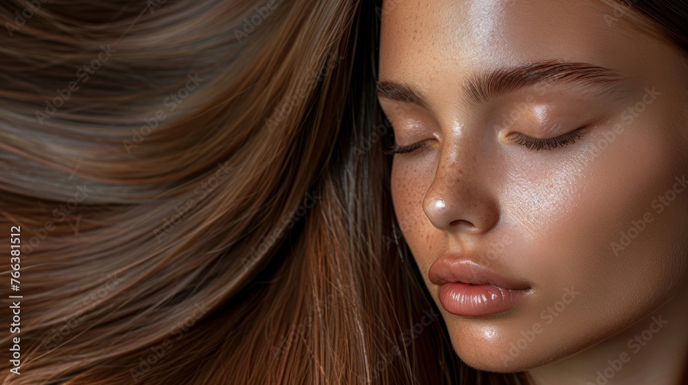 Stunning model flaunts lustrous, long brown hair and radiant, flawless ...