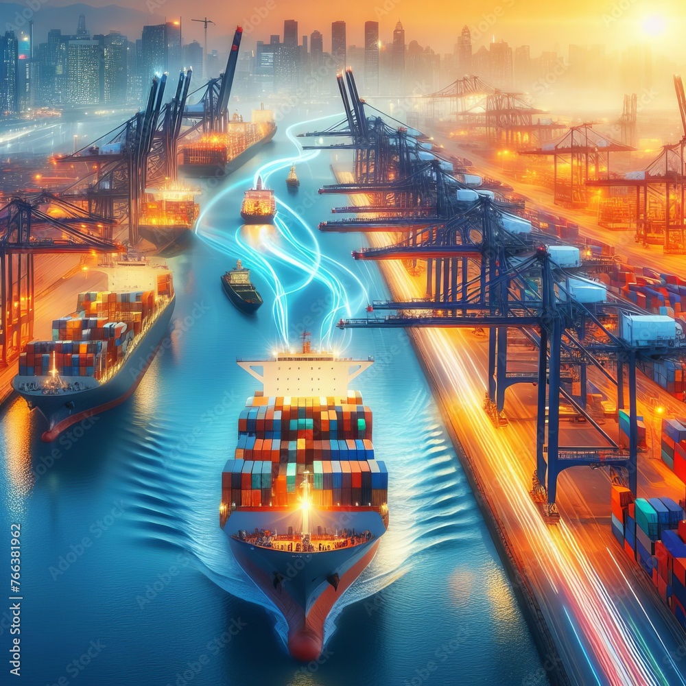 cargo ships navigating through busy ports, loading and unloading ...