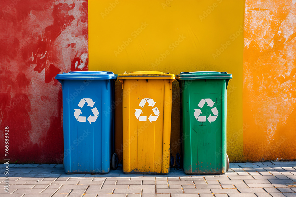 Color-coded recycling bins with recycling symbols for waste sorting ...