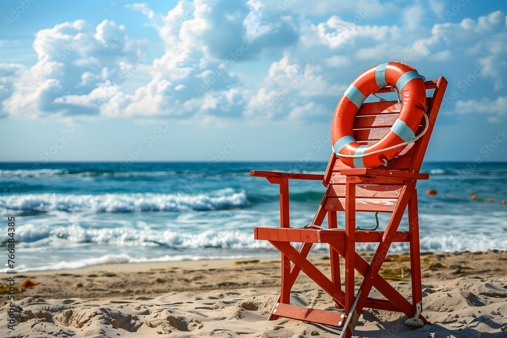 Lifeguard chair and life ring on the beach with sea background. Beach ...