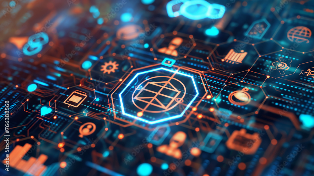 Technology concept. A futuristic touch screen showing icons and a ...