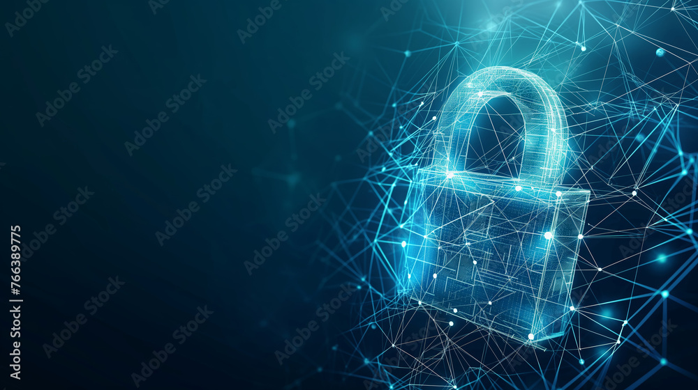 3D rendering of a security lock hologram with blue background. A ...