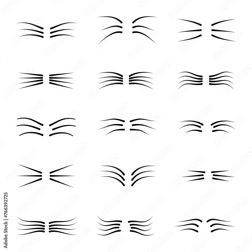 Set of Doodle cat whiskers icons. Hand drawn line art outline. Vector ...