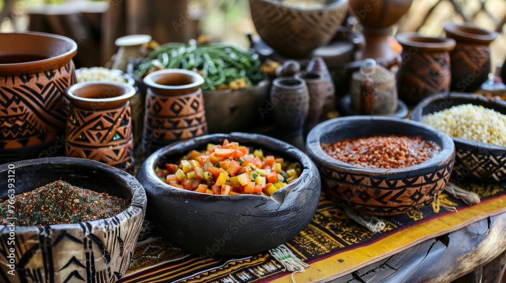 Traditional African cuisine setup with an assortment of dishes ...
