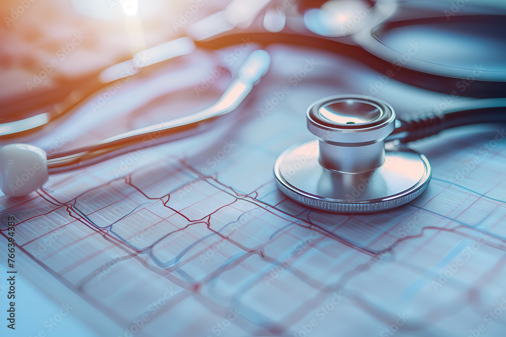 Stethoscope and ECG line on medical chart paper print background ...